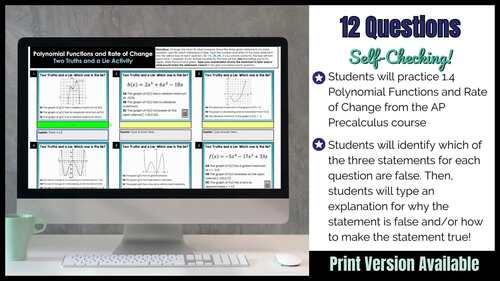 Polynomial Functions and Rate of Change AP Precalculus Self-Checking ...