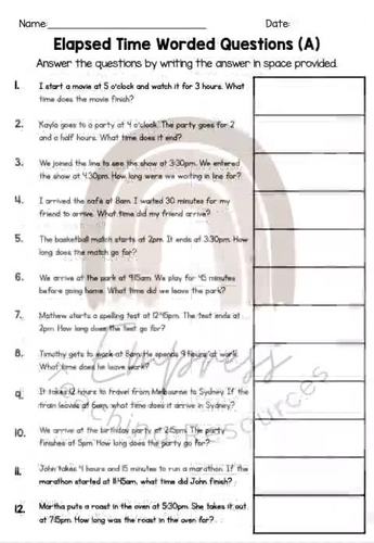 Time Worded Questions. Elapsed Time and Converting Time - Numeracy ...