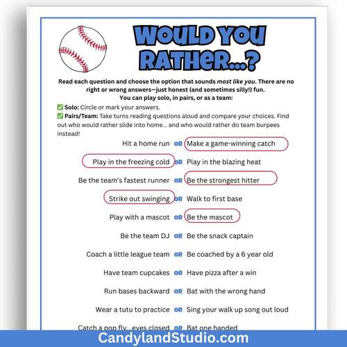 Baseball Would You Rather - Team Building Ice Breaker Game by Candyland ...
