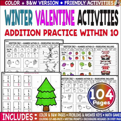 Winter Valentine Addition Within 10 Worksheets + Bonus Cut & Paste ...