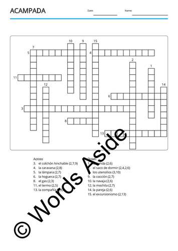 Spanish CrossWord Copy Vocabulary Worksheets Puzzles SpEd Speech Therapy