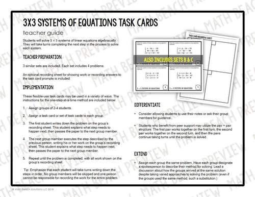 3x3 Systems of Equations Task Card Activity by Math Beach Solutions