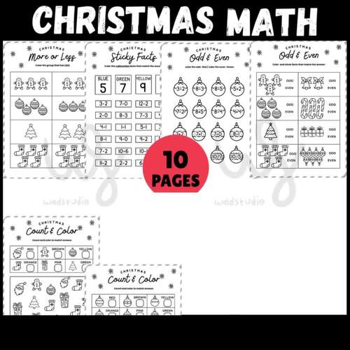Christmas Math Worksheets (10 Pages) | K-2 NO PREP Activities | Odd & Even