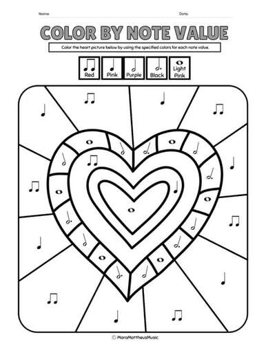 Valentine's Day Color by Music Note Value Packet by Mara Mattheus Music