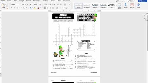 7th/8th Grade Math Fun Worksheet St. Patrick's Day Crossword Angle ...