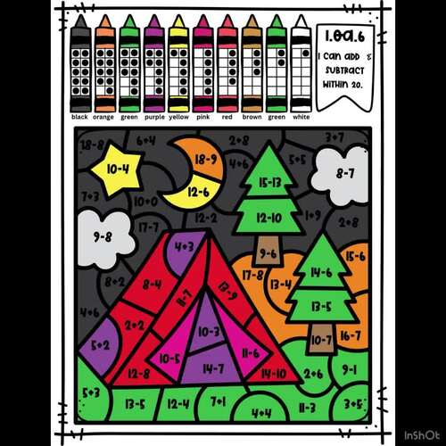 1st Grade Addition and Subtraction Color-by-Code Worksheets | Camping Theme