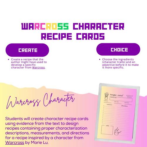 Warcross Character Analysis Recipe Cards w/editable Google Slides Rubric