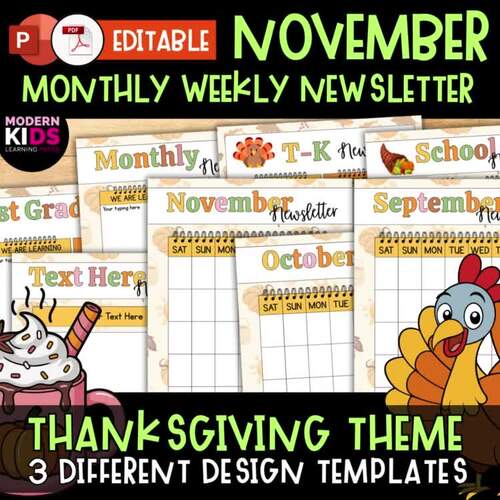 EDITABLE Month & Week November Fall Thanksgiving Day Theme Newsletter ...