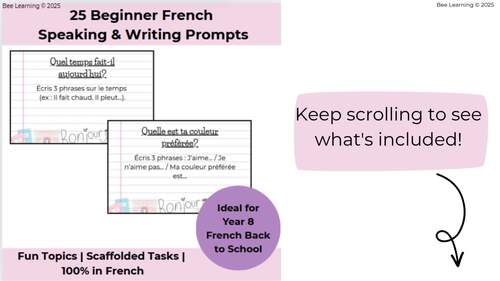 Beginner French Speaking & Writing Prompts | Year 8 | Printable | TPT