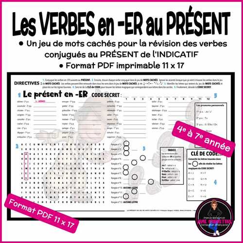 Les verbes en ER au présent 3I Mots cachés I French present ER Verbs ...