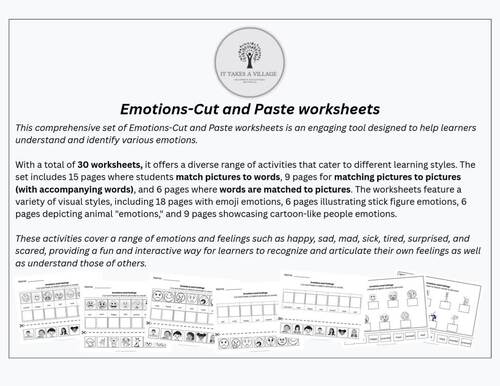 Feelings and Emotions Worksheets set-Cut and Paste (ABLLS-R C54)