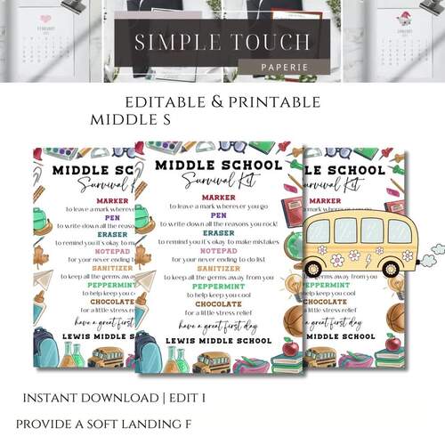 Editable and Printable Middle School Survival Kit by Simple Touch Paperie