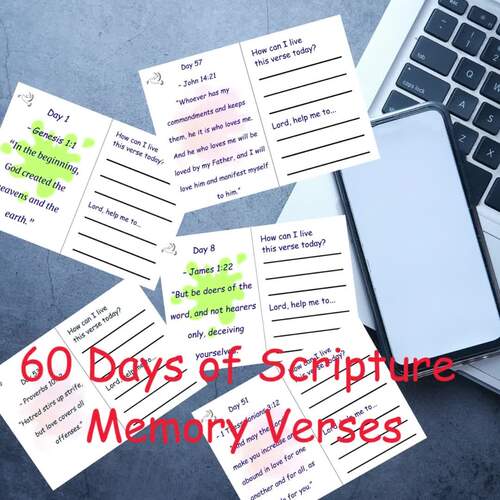 60 Bible Verse Task Cards, Printable Scripture Memory Cards, Digital ...