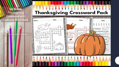 1st Grade Thanksgiving Crossword and Coloring Activity Pack for First ...