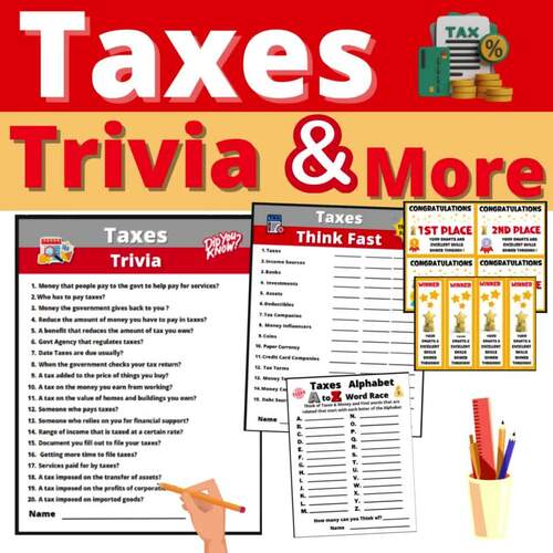 Taxes Trivia Activity Tax Day No Prep Resources with Bonus Awards
