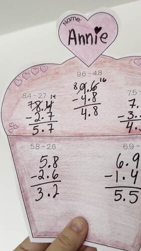 5th Grade Cupcake Valentine's Day Math Craft | Subtracting Decimals Tenths