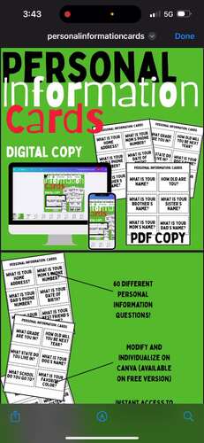 Personal Information Flashcards | Editable in Canva + PDF | 60 Questions