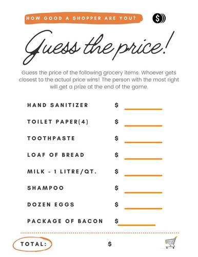 Guess The Prices. Game. Shopping. Life Skills. ESL. EFL. Groceries.