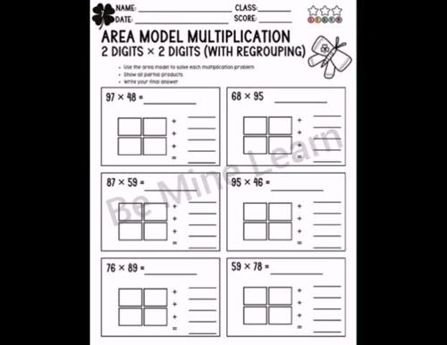 Area Model Multiplication Worksheets | 2 x 2 digits | with Regrouping ...