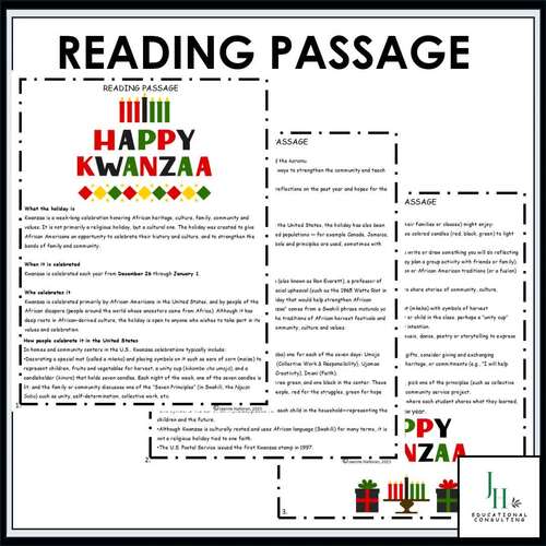 Kwanzaa Reading Comprehension Activity Passage | No Prep | December