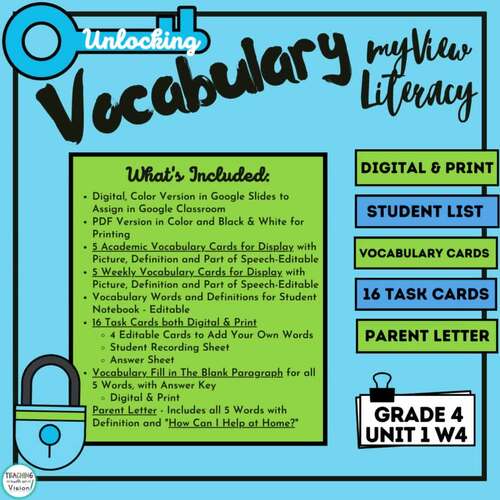 myView Vocabulary Cards & Activities Grade 4 Unit 1 Week 4 with Task Cards