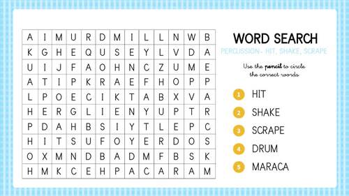 Percussion- Hit, Shake, Scrape Virtual Word Search- 20 Words to Find!