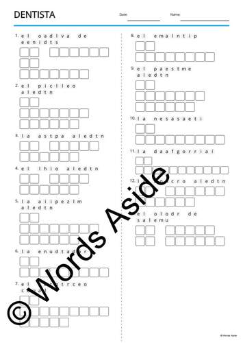 Spanish Word Games Copy Crossword Word Search Anagram DENTIST by Words ...