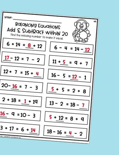 Penguin Balancing Equations Mixed Add &Subtract Within 20 Winter Math ...