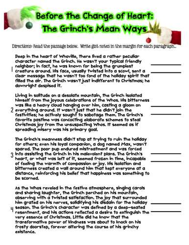 The Grinch Paired Passage Compare Contrast Character Writing December ...