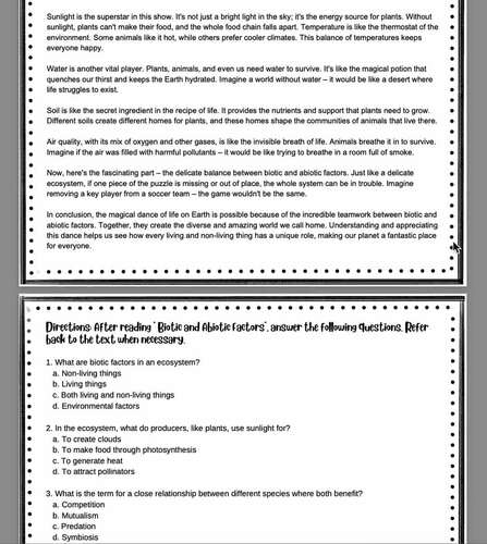 Biotic & Abiotic Factors Reading Passage Worksheet | Comprehension ...