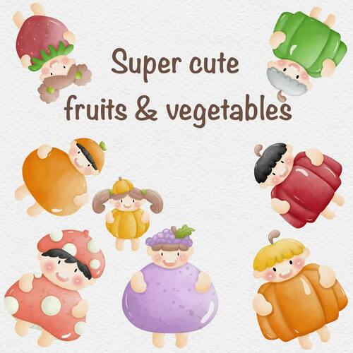 Super cute fruits and vegetables watercolor elements PNG by ArmyMagic