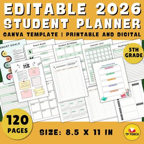 Editable 2026 Student Planner 5th Grade | Canva Template | Printable ...