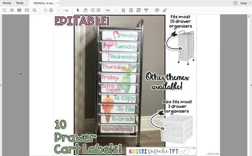 10 drawer cart labels- EDITABLE- Tropical Theme by Kristi DeRoche