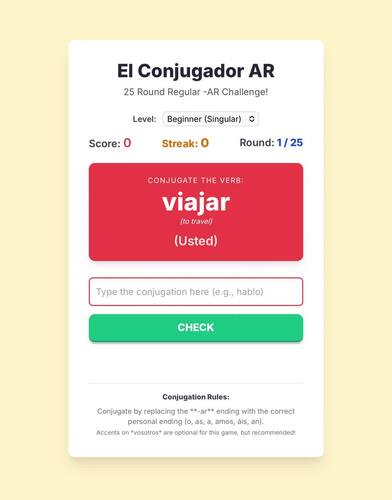 Spanish 1 Mastery: Regular -AR Verb Conjugation Game (Present Tense)
