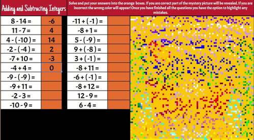 Adding and Subtracting Integers Thanksgiving Fall Math Pixel Art