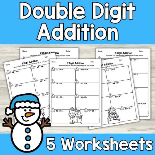 Winter Double Digit Addition Worksheet Bundle (Problems include Regrouping)