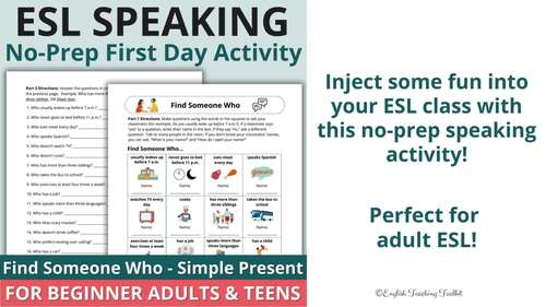 ESL First Day of School Activities Adult ESL Speaking Activities Simple ...
