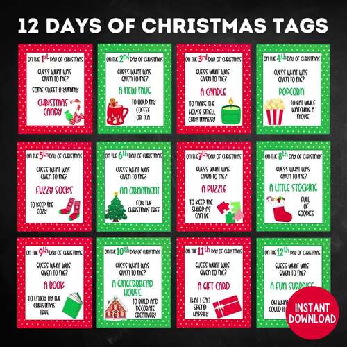 12 Days of Christmas Gift Tags, Printable Christmas Countdown Gift Tags