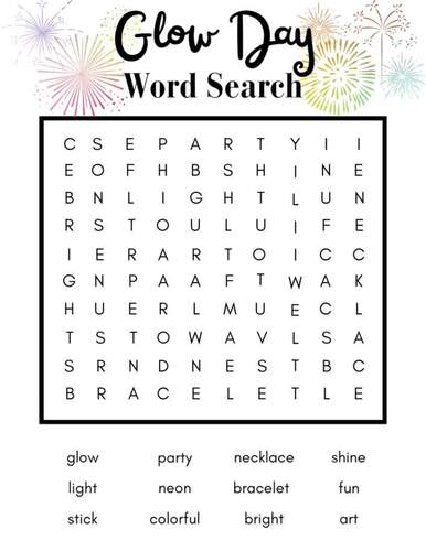 Glow Day Word Search Activity - Glow Theme Transformation Activities