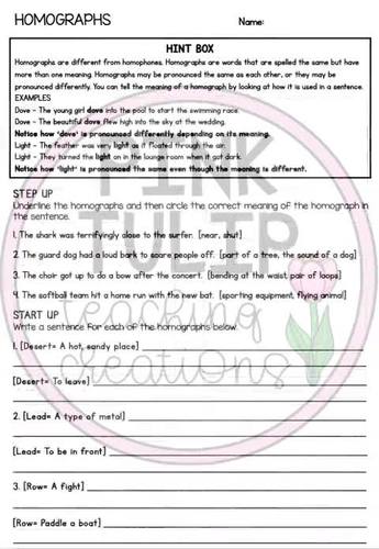 Homophones and Homographs - Grammar Worksheets with Answers | TPT