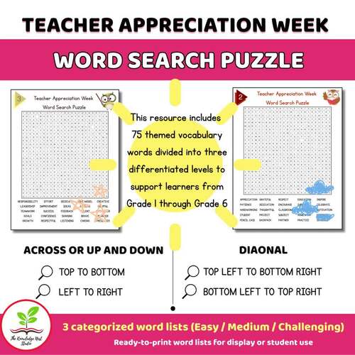 Teacher Appreciation Week Word Search Puzzle Vocabulary Pack for Grades 1–6