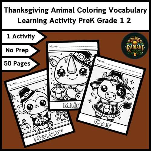 Thanksgiving Animal Coloring Vocabulary Learning Fun Activity PreK ...