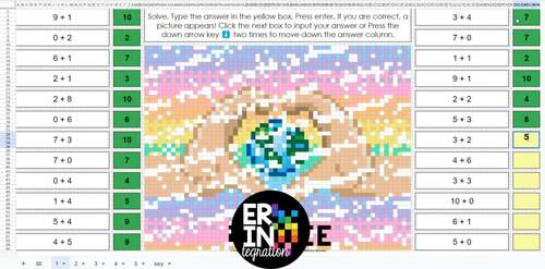 Earth Day Pixel Art Math Addition and Subtraction Practice on Google Sheets
