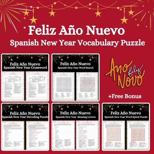Spanish New Year's Vocabulary Puzzle Bundle - Feliz Año Nuevo +Free Bonus