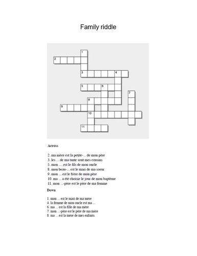 French Family Riddles Crossword by Real Life Language | TPT