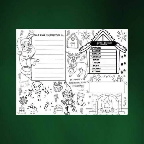 Christmas Coloring Placemat, Christmas Activity Sheets, Xmas Eve Crafts