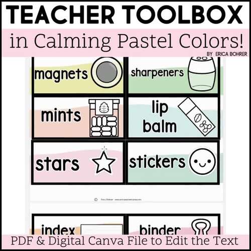 Teacher Toolbox Labels: Pastel Calming Teacher Tool Box by Erica Bohrer