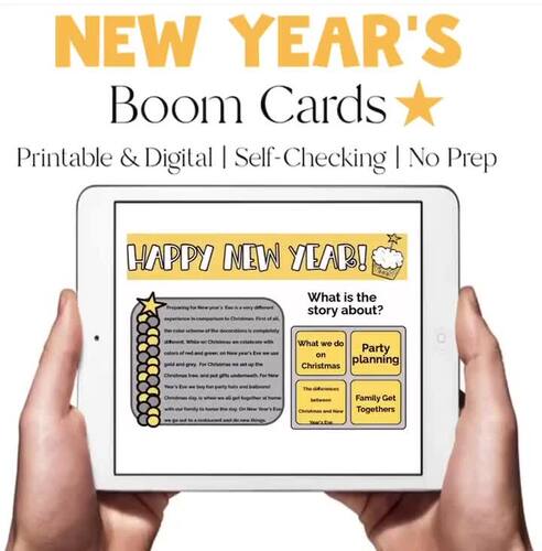 New Year's Reading Comprehension Passages | Self-Checking Boom Cards