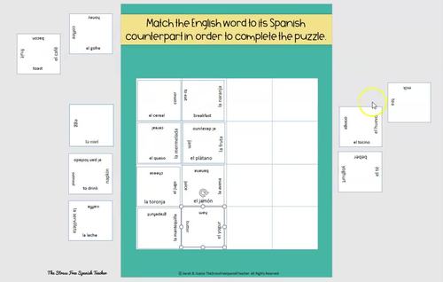 Spanish DIGITAL Puzzles EL DESAYUNO breakfast LA COMIDA food NO PREP game