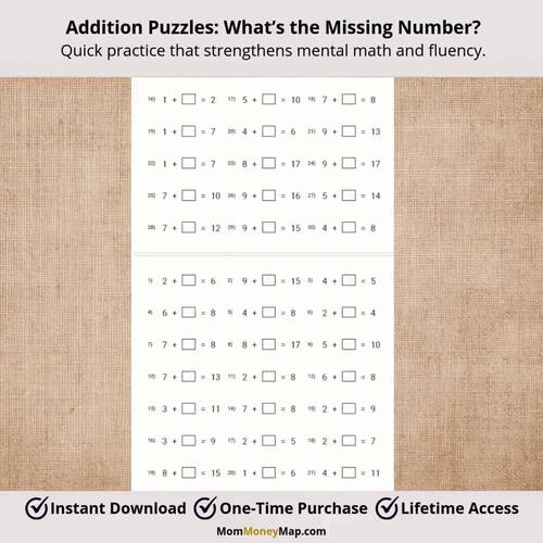 Missing Addend (1-Digit + 1-Digit) -Printable PDF- 100 pages by Mom ...